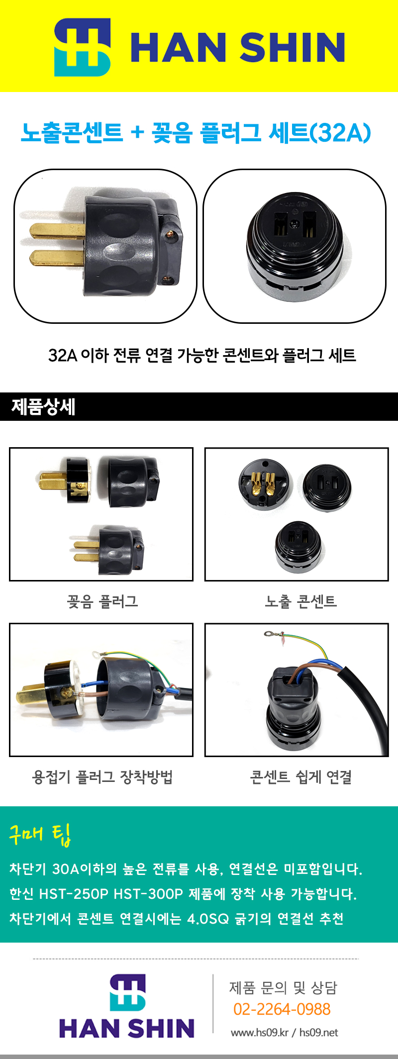 2구 노출 콘센트 + 꽂음 플러그 세트 32A(HST-250P,HST-300P용) - 한신테크툴