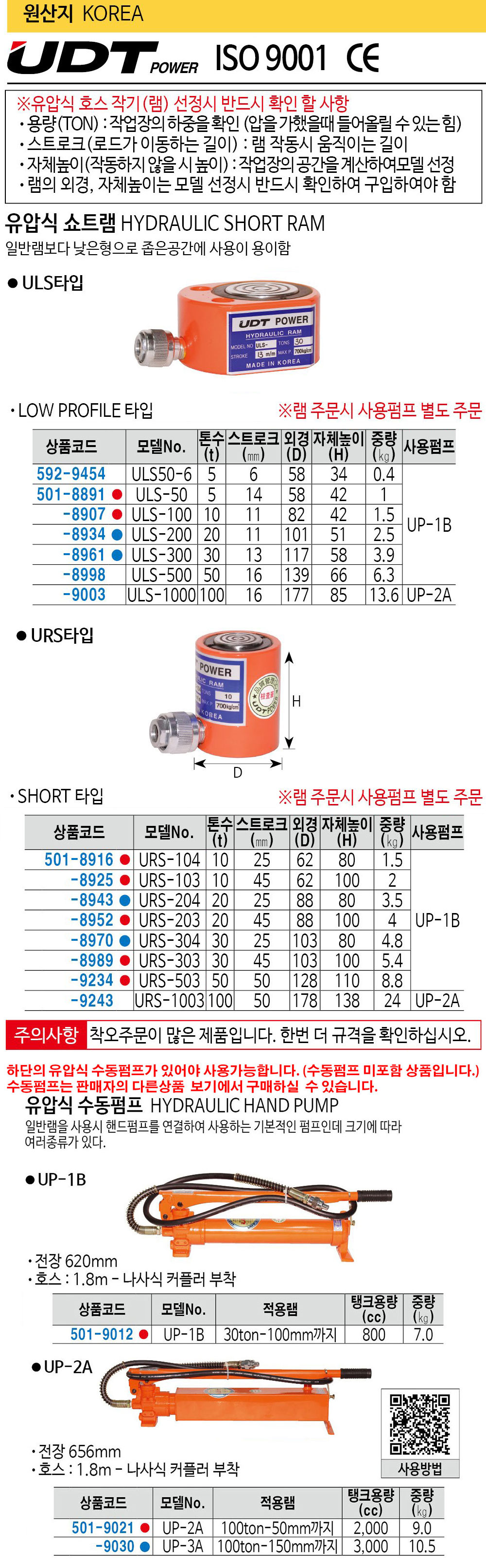 UDT 유압작기 유압작기 유압식쇼트램 URS-103 10톤x45mm 5018925